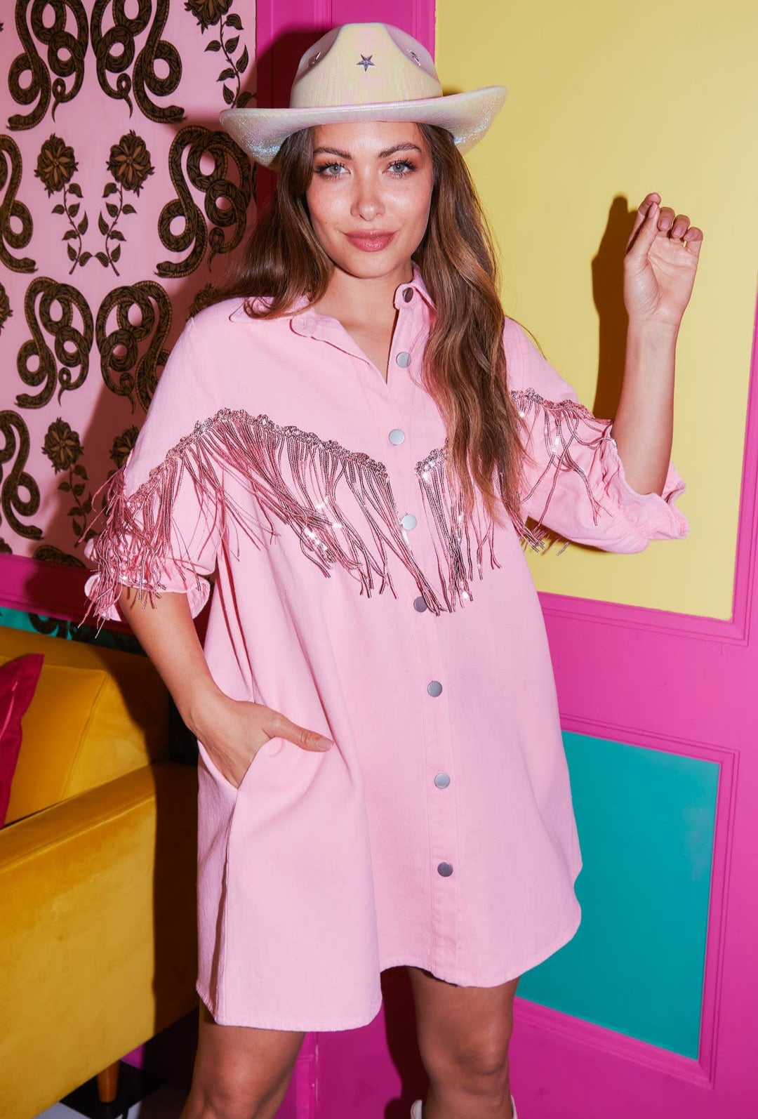 Metallic Fringe Shirt Dress - Baby Pink | Shop Sweet Nadine