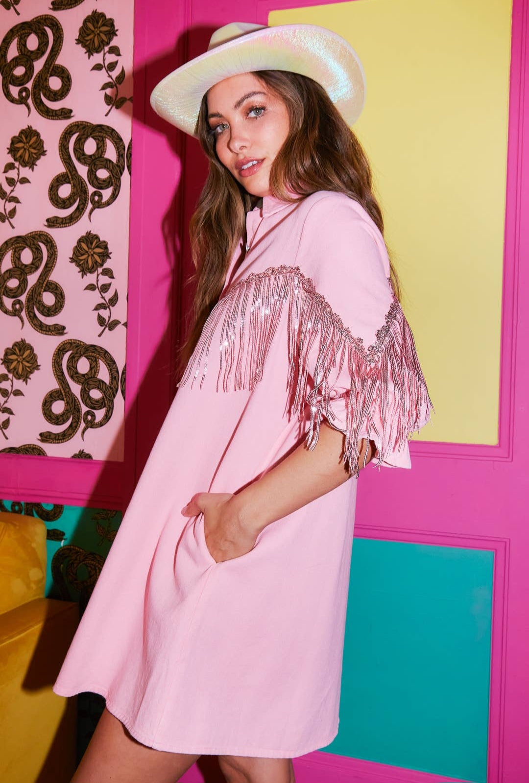 Metallic Fringe Shirt Dress - Baby Pink | Shop Sweet Nadine